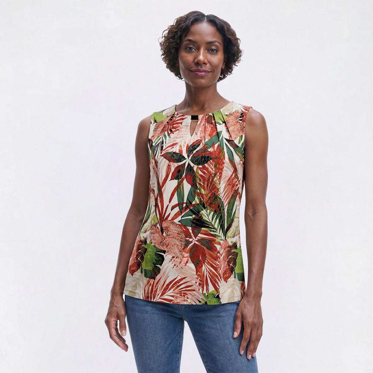 Click here for Womens Kasper Sleeveless Pleat Neck Tropical Leaf... prices